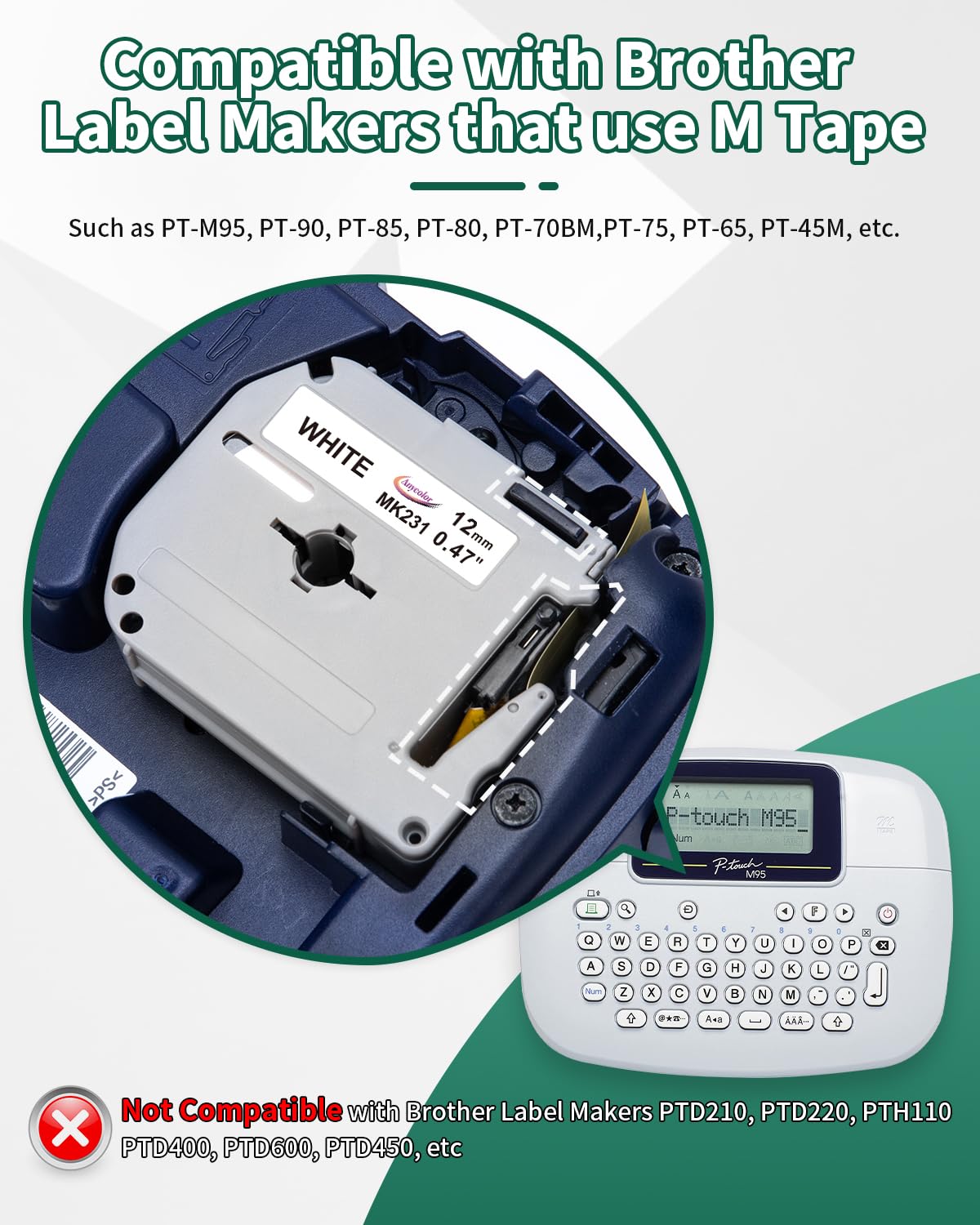 Anycolor M-K231 Label Tape Replacement for Brother P-Touch M Tape M-K2